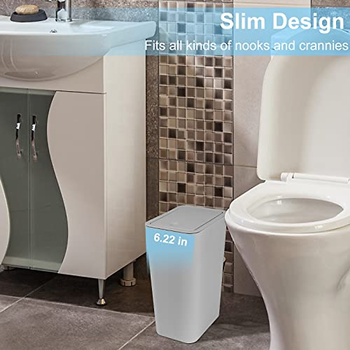 Odonata 3 Pack 10L / 2.6 Gallon Small Trash Can with Lid, Slim Garbage Can with Pop-Up Lid, Waste Basket for Bathroom, Kitchen, Bedroom, Powder Room, Craft Room, Office, College,RV.(Gray)