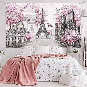 Paris Tapestry Backdrop Paris Wall Art Eiffel Tower Photo Banner Background European City Landscape Pink Wall Hanging Decor for Living Room Girl Bedroom Paris Themed Party Decoration, 72.8 x 43.3 Inch