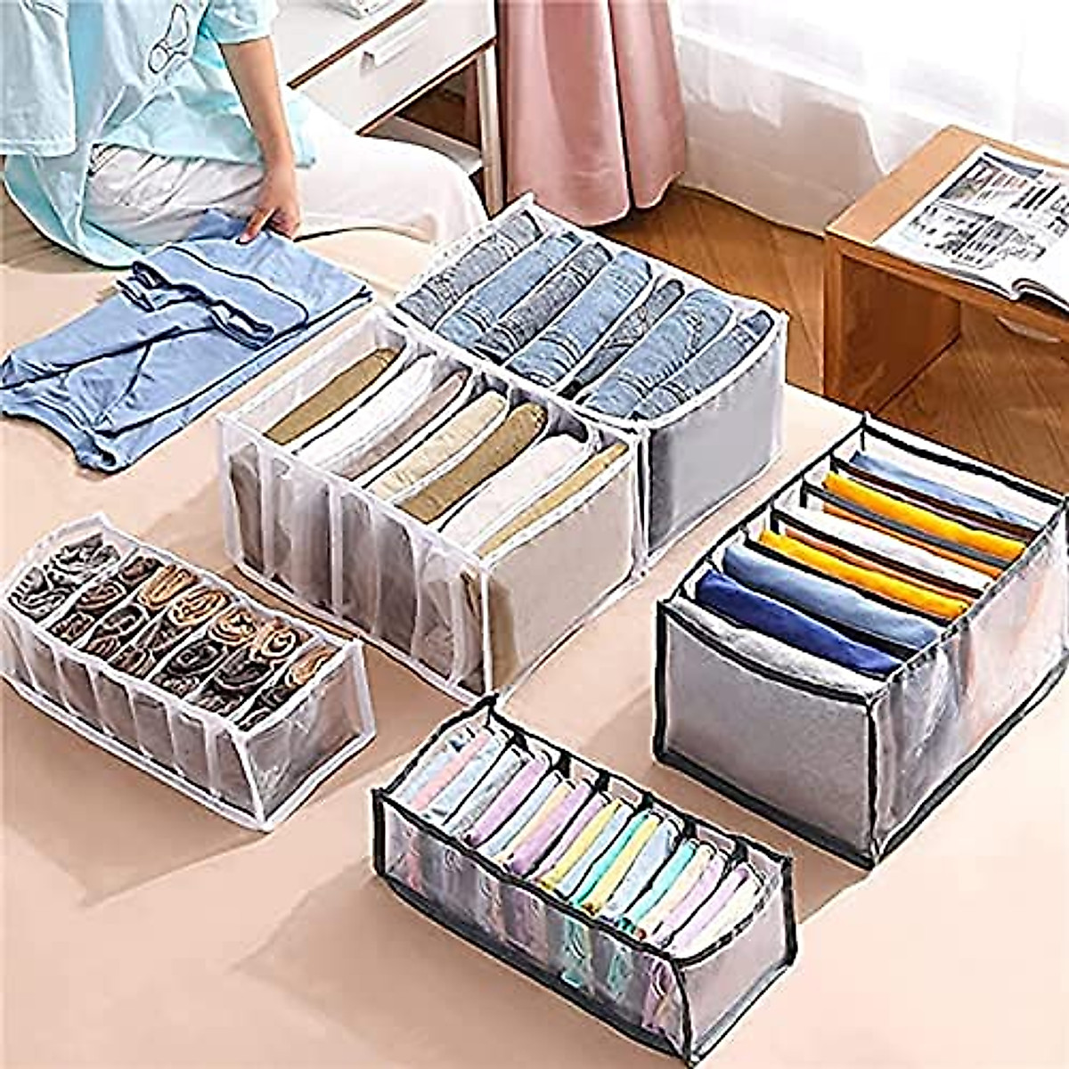 2-Pack Wardrobe Clothes Organizer 7 Grids Visible Closet Underwear/Socks/Leggings/Skirts/Jeans Compartment Storage Box Foldable Washable Separation Drawer Organizers Storage Clothes Bins