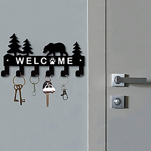 CREATCABIN Metal Key Holder Black Key Hooks Wall Mount Hanger Decor Iron Hanging Organizer Rock Decorative 6 Hooks Welcome Bear for Home Housewarming Gift Entryway Cabinet Hat Towel 10.6 x 5.5inch