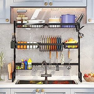 Over Sink Dish Drying Rack (Expandable Height/Length) Snap-On Design Large Dish Drainer Stainless Steel Storage Counter Organizer (31-39.5L x 12W x 34-38H inches)