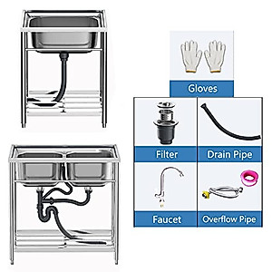 Commercial 304 Stainless Steel Sink - Kitchen Sink Station with Deep Basin Bowl - Utility Sink for Home Laundry Room Garage Bar Restaurant (Color : Silver, Size : 47x42x80cm)