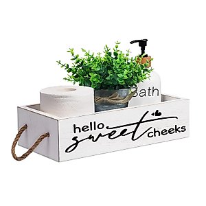 Msyueos Hello Sweet Cheek Decor Box with Rope - Rustic Wooden Storage Box with Funny Design on 2 Sides Perfect for Bathroom Decor, Toilet Paper Holder, Toilet Tank Basket, Toilet Organizer (White)