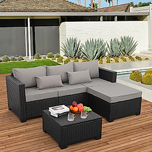 Rattaner 3 Pieces Patio Furniture Set Outdoor Sectional Wicker Patio Furniture Patio Couch with Ottoman and Outdoor Storage Table All-Weather Anti-Slip Cushions Waterproof Covers, Light Grey