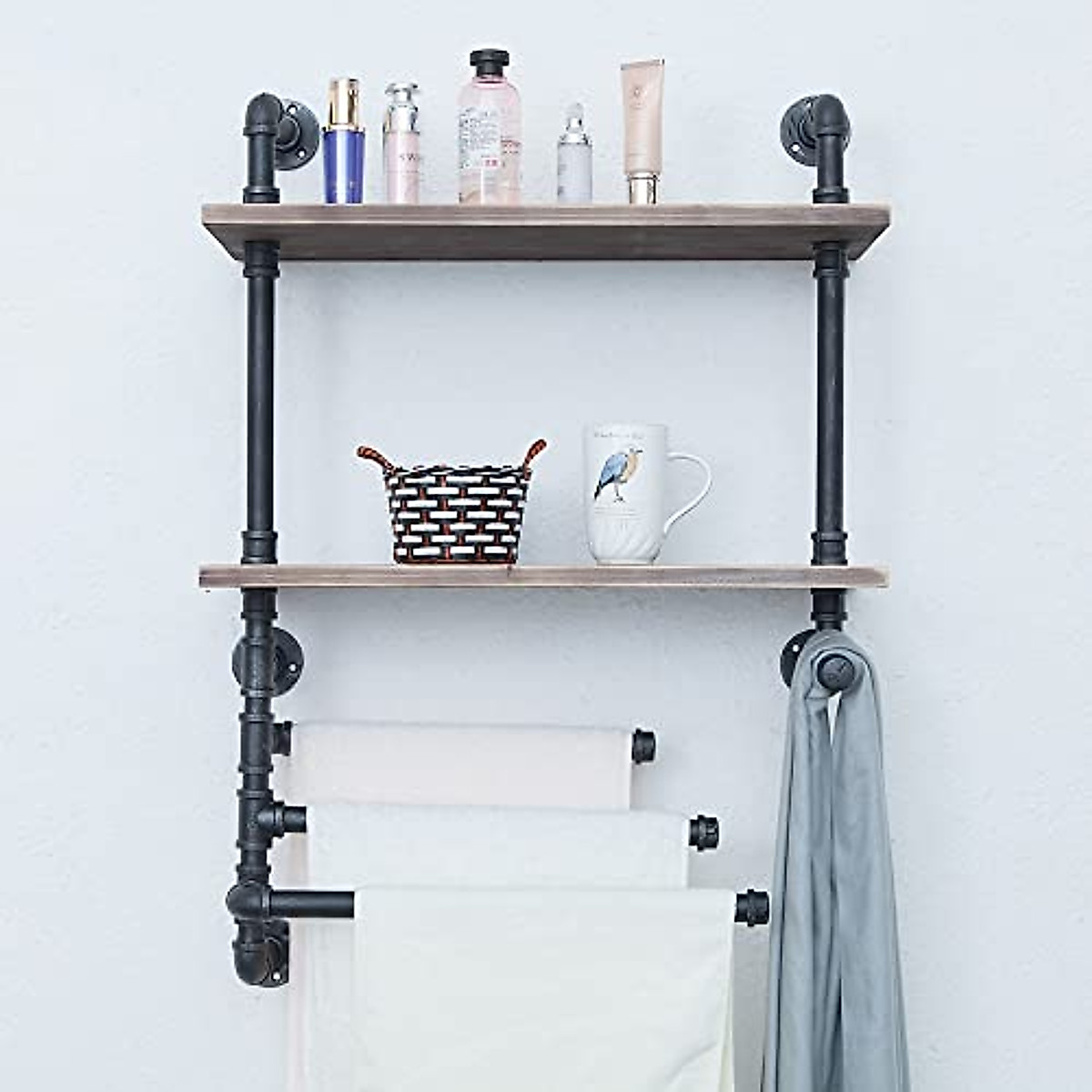 Industrial Towel Rack with 3 Towel Bar,24in Rustic Bathroom Shelves Wall Mounted,2 Tiered Farmhouse Pipe Shelving Wood Shelf,Metal Floating Shelves Towel Holder,Iron Distressed Shelf Over Toilet