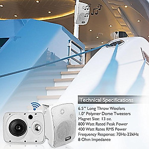 Outdoor Waterproof Wireless Bluetooth Speaker - 6.5 in 800 Watt Pair 2-way Weatherproof Wall/Ceiling Mounted Dual Speakers w/Heavy Duty Grill,Universal Mount,Patio,Indoor Use-Pyle PDWR64BTW,White