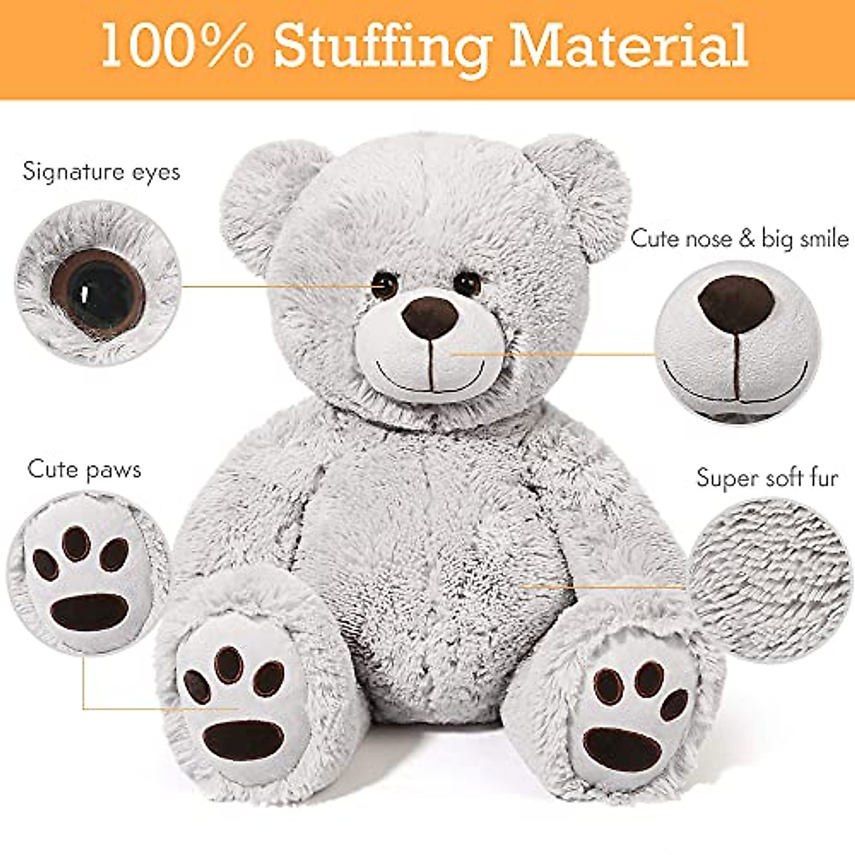 LotFancy Teddy Bear Stuffed Animal, 20 inch Gray Stuffed Bear Plush Toy, with Cute Footprints, Gift for Kids Baby Toddlers on Baby Shower, Birthday, Christmas, Valentine's Day, Easter Decoration
