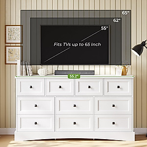 Hasuit White Dresser for Bedroom with 10 Drawers, 55.2" Long Drawer Dresser with Charging Station, Farmhouse Dresser Chest of Drawers, Large Wooden Storage Tower Organizer, Dresser for Bedroom Closet