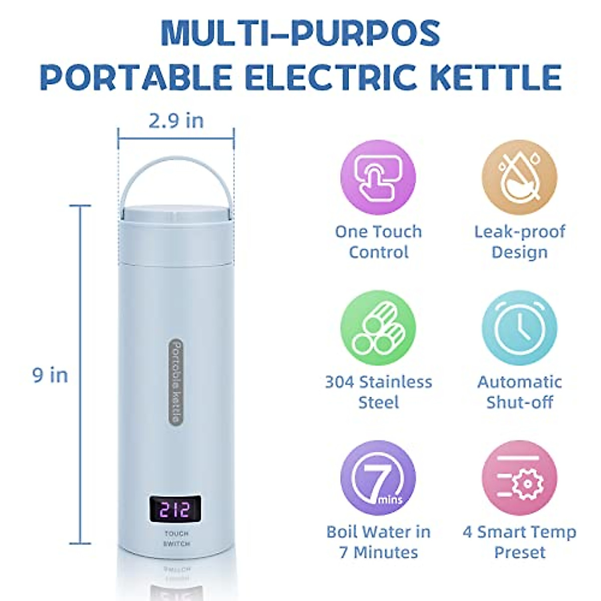 Travel Electric Kettle, ShineMe Portable Mini Electric Kettle with Temperature Control and LCD Display, 350ml Stainless Steel Kettle Water Boiler Fast Boil and Auto Shut off (Blue)