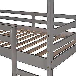 LostCat Twin Size Loft Bed with Slide, House Shaped Solid Pine Wood Bed Frame with Safety Guardrail & Ladder, No Box Spring Needed, Save Space Design for Kids, Teens, Girls, Boys, Grey