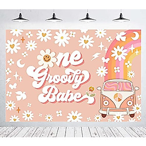 One Groovy Happy Birthday Backdrop for Girls Retro Boho 1st Birthday Party Photo Background Girl Daisy Floral Happy 1st Birthday Newborn Baby Party Decorations Cake Table Banner 7x5ft