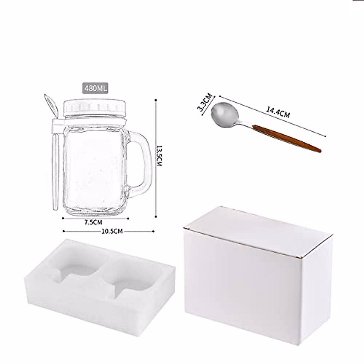 Neegaurd 2 Pack Overnight Oats Containers with Lid and Spoon, 16 Oz Large Glass Overnight Oats Jars with Portable Handle, Reusable Airtight Glass Oatmeal Cups for Cereal Yogurt and Parfait