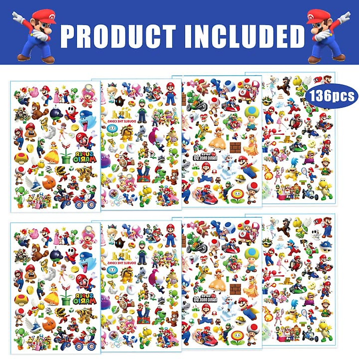 Super Brother Birthday Party Supplies,8 Sheets 136Pcs Temporary Tattoos Party Favors,Removable Skin Safe, Fake Tattoo Stickers for Super Brother Birthday Party Gifts Favors