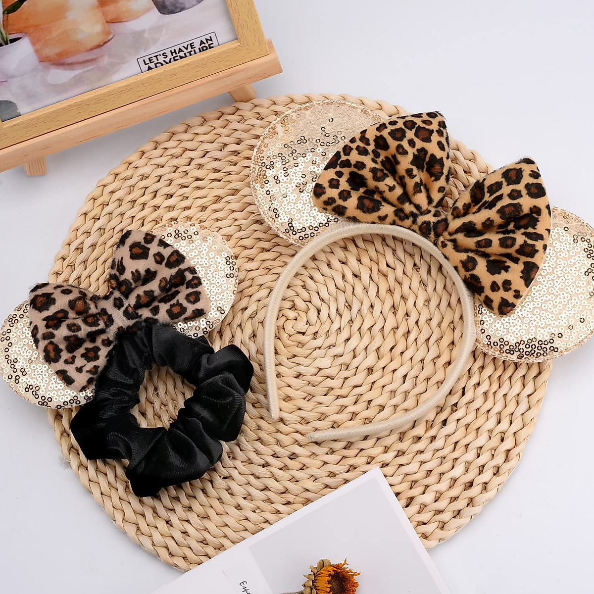 1 Pcs Mouse Ears Headband and 1 Pcs Mouse Ears Scrunchies with Bow Hairs Accessories for Girls Women Boys Birthday Party (Leopard)