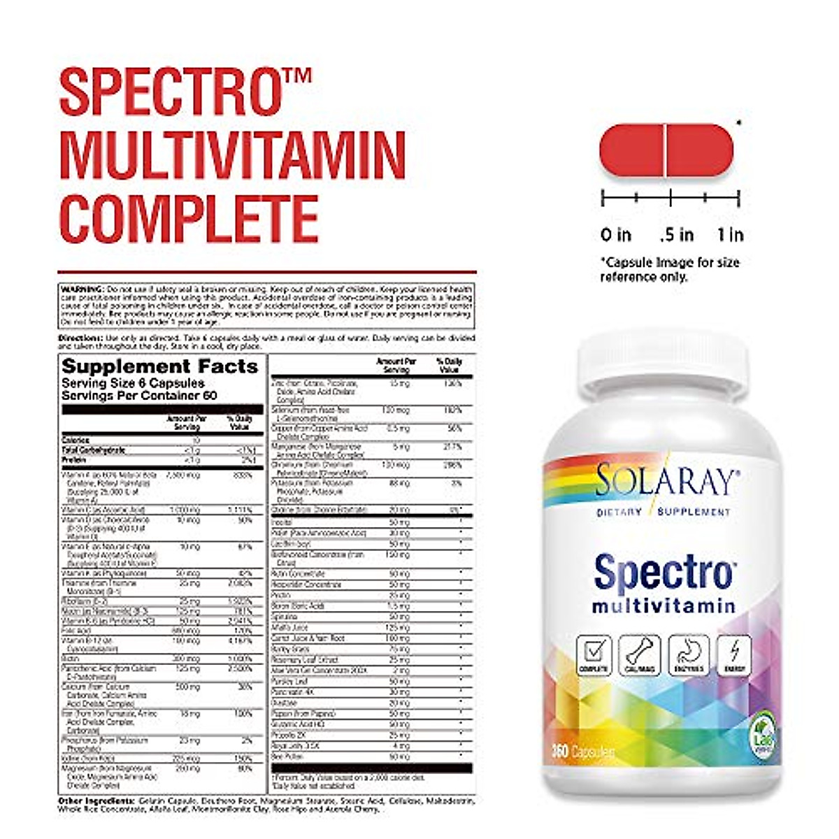 Solaray Spectro Multivitamin with Iron | Cal/Mag, Energizing Greens & Herbs with Digestive Enzymes (60 Serv, 360 CT)