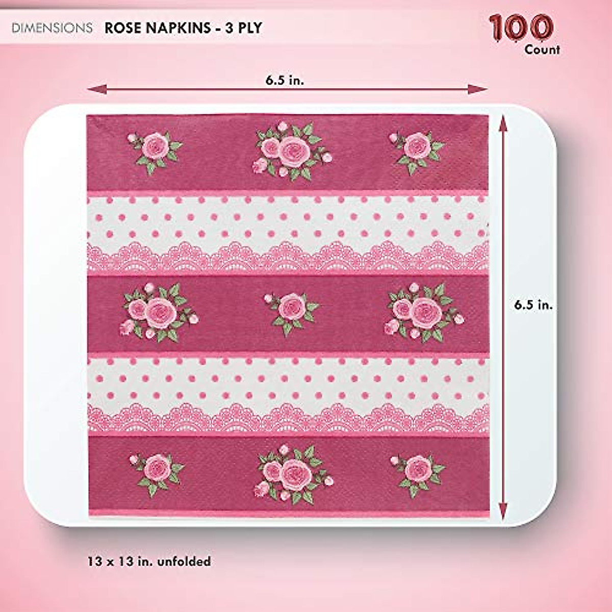 Royal Bluebonnet Napkins - 100 Paper Napkins - Pink and White Rose Flower Theme – Napkins Disposable, Napkins, Napkins Paper
