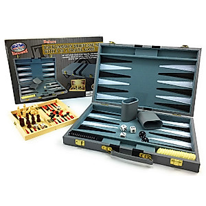 Matty's Toy Stop Deluxe 15" Backgammon Briefcase (Vinyl Gray Attache) with 3-in-1 Chess, Checkers & Backgammon Wooden Travel Games Set (8")