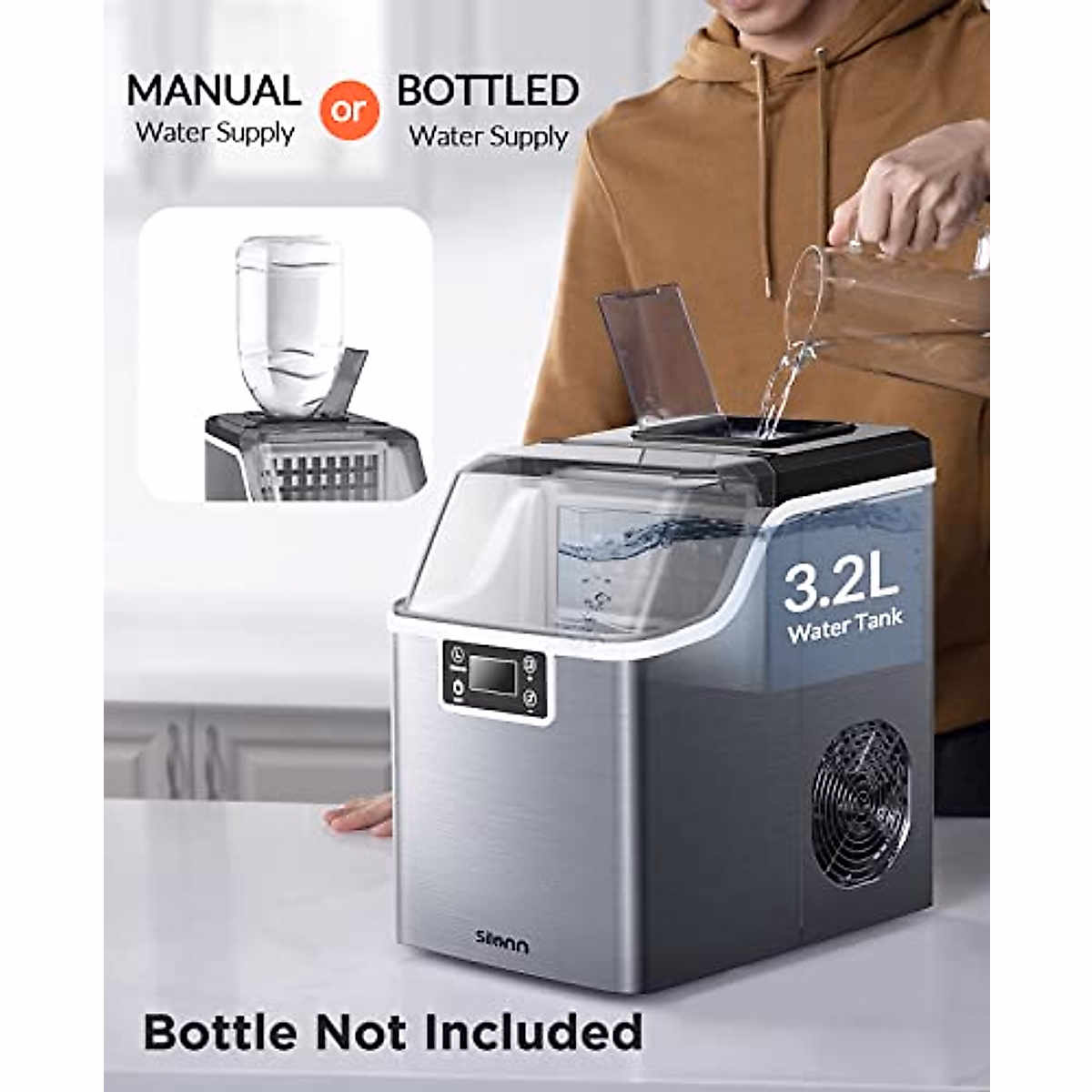 Silonn Ice Makers Countertop - 24Pcs Ice Cubes in 13 Min, 45lbs Per Day, 2 Ways to Add Water, Auto Self-Cleaning, Stainless Steel Ice Machine for Home Office Bar Party