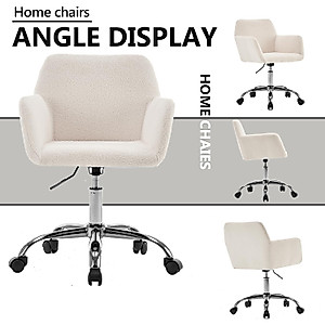 Modern Faux Fur Home Office Chair, Upholstered Faux Fur Makeup Vanity Chair, White Furry Cute Desk Chair with Wheels & Chrome Base, Ergonomic Adjustable Swivel Task Chair for Girls Women Bedroom Study