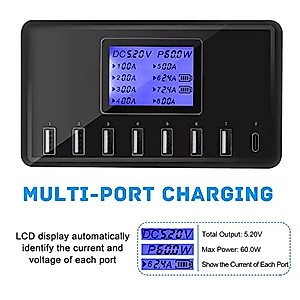 USB Charger, slitinto 60W 12A 8-Port USB Charging Station Multi Port USB Hub Charger Compact Size LCD Display Compatible with iPhone iPad Samsung Kindle Tablet Bluetooth Earbuds and More
