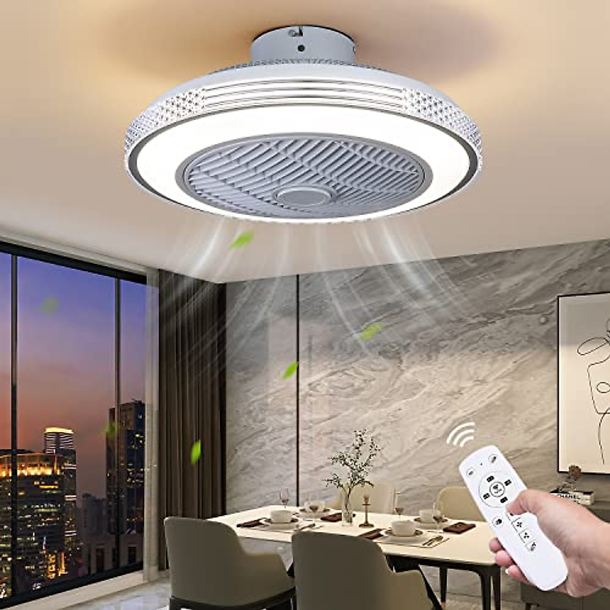MADSHNE 20" Modern Low Profile Ceiling Fans with Lights and Remote, Flush Mount Bladeless Ceiling Fans with Dimmable LED, Small White Enclosed Bedroom Ceiling Fans
