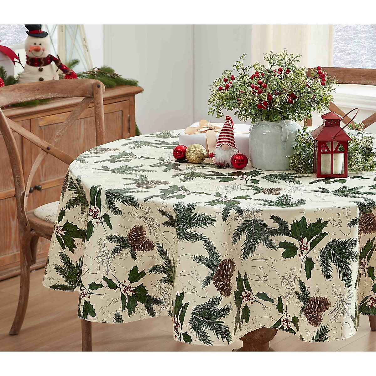 Newbridge Joyful Holly Country Rustic Vinyl Christmas Tablecloth with Flannel Backing, Holly and Berries Winter Holiday Vinyl Flannel Back Tablecloth, 70 Inch Round