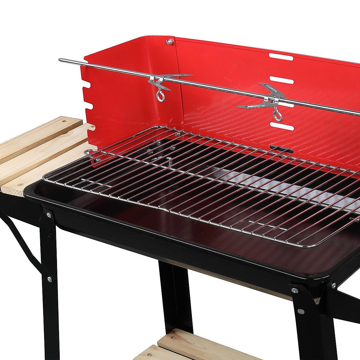 Charcoal BBQ Grill Medium Barbecue Box Grill with Side-tables and Wheels. Four Legs With Wheels Square Enamel Charcoal Oven Black Red