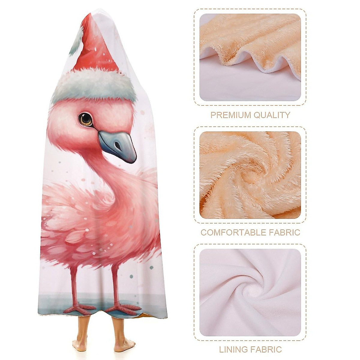 Hooded Blankets Flamingos Wear Santa Hats Wearable Hooded Blanket Cape Winter Flamingo Fleece Blanket Cloak Cape Blanket Fit for Kids Adults Teens for Couch Bed 40"x50" Spring Summer Blanket Hoodie