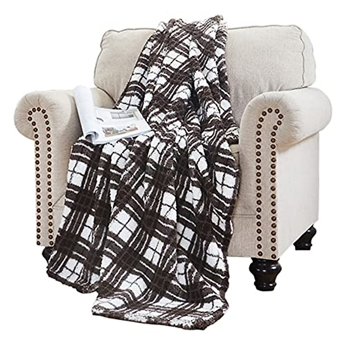 ELLE HOME Oversized Sherpa Throw - Soft Warm Flannel Fleece Blanket, for Bed and Couch - Oversized Throw 50" X 70", Black and White Plaid