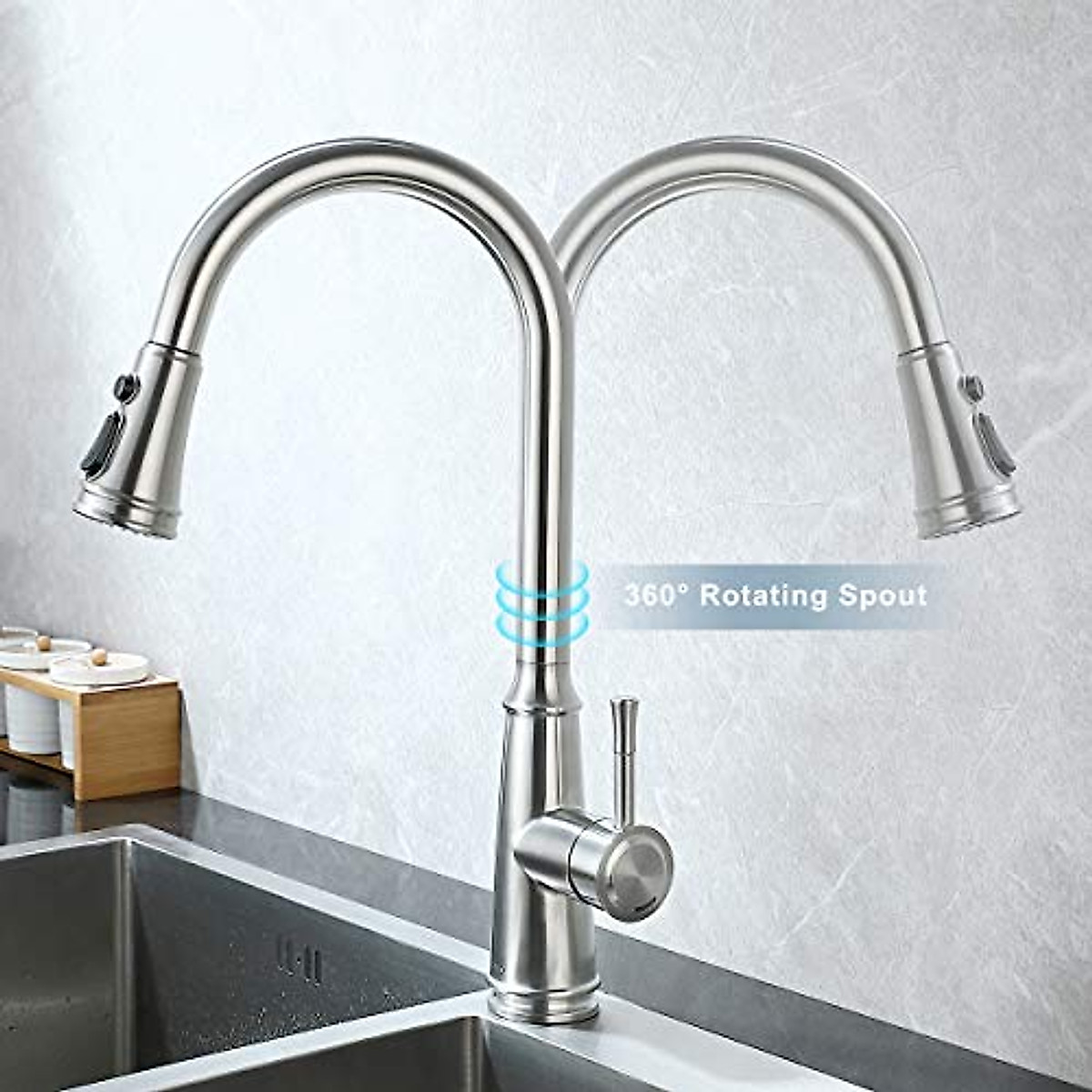 TEEKIA Kitchen Faucets,Single Handle Kitchen Sink Faucet with Pull Down Sprayer, 3-Mode Stainless Steel High Arc Retractable Sprayer Kitchen Faucet Fixture, Brushed Nickel Kitchen Faucet