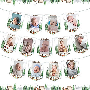 One Happy Camper Photo Banner for Boys Girls 1st Forest Safari Camping Theme Birthday Party Decorations Photo Banner from Newborn to 12 Months Adventure Camping Annual Milestone Photo Banner Supplies