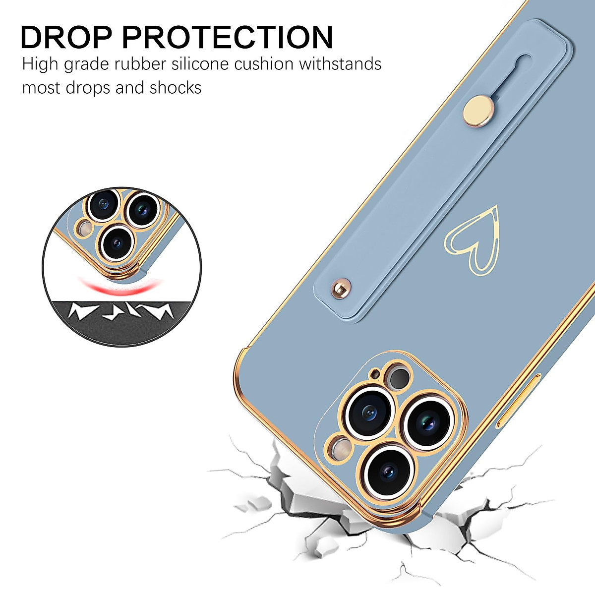 BENTOBEN for iPhone 13 Pro Max Phone Case, Cute Heart Adjustable Strap Wristband Kickstand Holder Shockproof Protective Soft TPU Luxury Plating Raised Trim Girls Women iPhone 13 Pro Max Case, Gray