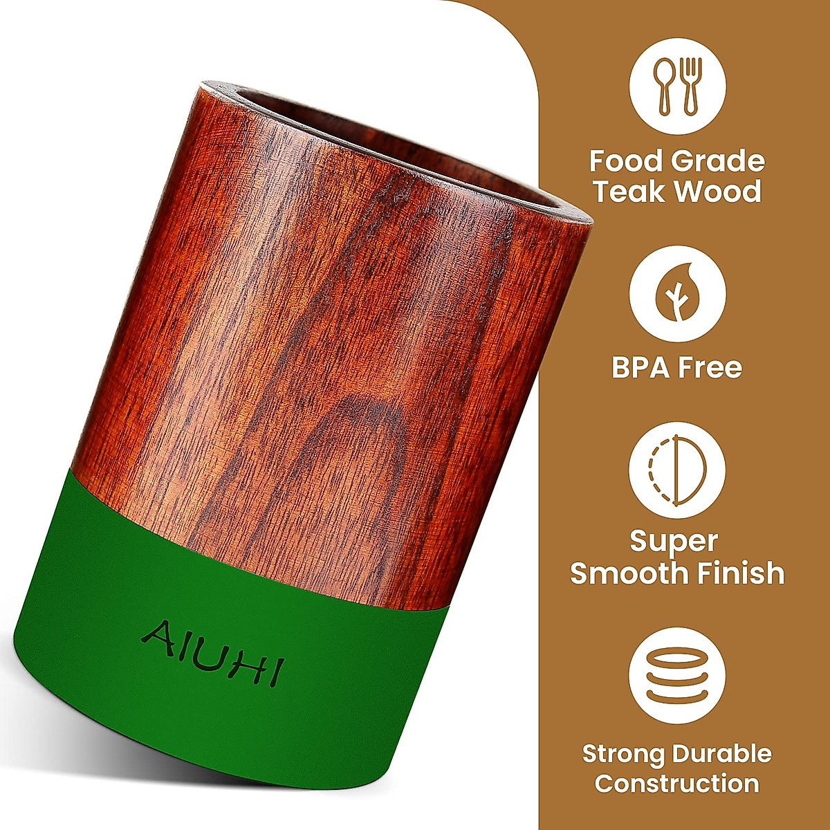 AIUHI Wood Cooking Utensil Holder for Countertop,Teak Crock Organizer Caddy, Wooden Holder for Kitchen Utensils,for Spoons Spatula Straw Cutlery Accessories Utensils Storage (Green)