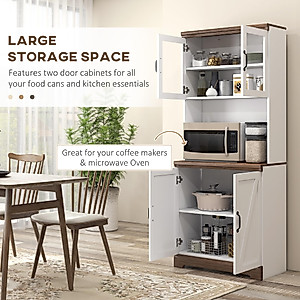 HOMCOM 70" Farmhouse Kitchen Buffet with Hutch, Kitchen Pantry Storage Cabinet with Glass Doors, Adjustable Shelves, Open Microwave Countertop, White
