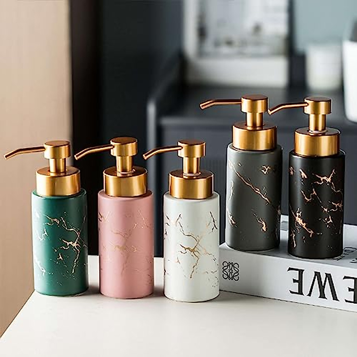 Glass soap Dispenser with Pump-Broad, Ceramic Foaming Soap Dispenser, Marble Foam Soap Dispenser with Gold Pump, Hand Foaming Dispenser for Barthroom Accessories-Grey-Solid Color (Color : Black, Si