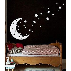 Moon and Stars Night Sky Vinyl Wall Art Decal Sticker Design for Nursery Room DIY Mural Decoration (White, 22x49 inches)