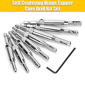 VTOSEN 17pcs Self Centering Drill Bit Set, High Speed Steel Hinge Tapper Core Drill Bit Set with 1 Hex Key & 8 Drill Bits 5/64-1/4”, Adjustable Door Drill Bits for Woodworking Window Door Hinge
