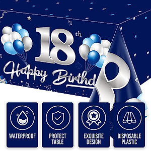 Turypaty 3 Pack Blue Silver 18th Birthday Tablecloth Decorations for Boy, Navy Blue Happy 18 Table Cover Party Supplies, Eighteen Years Old Birthday Disposable Rectangular Table Cloths