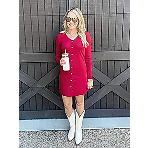 SOLERSUN Tunic Dresses with Pockets for Women, Women's Casual T-Shirt Dresses Long Sleeve Stripe Tunic Loose Swing Autumn Dress with Pockets Wine red L