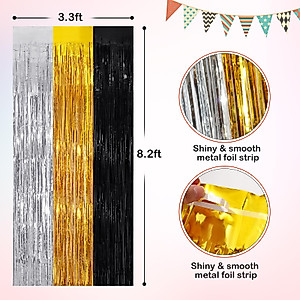 Black Gold Silver Metallic Tinsel Foil Fringe Curtains, 2 Pack 3.3x8.3 Feet Streamer Backdrop Curtains for Birthday Party Decorations, Halloween Decor, Foil Curtain Backdrop for Bachelorette Party