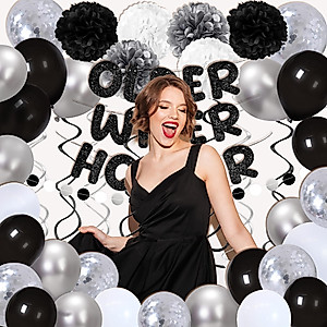 Black and White Birthday Decoration Black and Sliver Party Decorations Birthday Party Decorations for Men Women Banner Balloons Swirls Tissue Pompoms 16th 21st 30th 40th 50th 60th Birthday Supplies