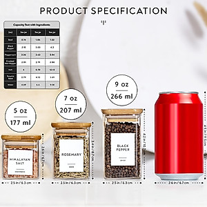 Laramaid 7oz 12Packs Glass Jars Set with 208 Minimalist Spice Labels, Square Spice Jars with Bamboo Lids and White Vinyl Customized Sticker Labels, Food Storage Container Canisters