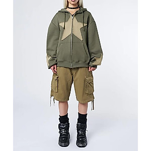 Cbsdezanos Womens Y2k Star Graphic Zip Up Hoodie Long Sleeve Oversized Sweatshirt Punk Goth Jacket Aesthetic Harajuku Streetwear (Star hoodie Green, S)