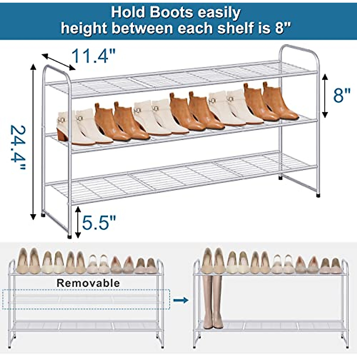 KIMBORA Metal Long Shoe Rack for Closet, 3 Tier Wide Shoe Organizer for Entryway, 24 Pairs Stackable Shoe Storage Shelf for Bedroom Floor with Wire Grid (Grey)