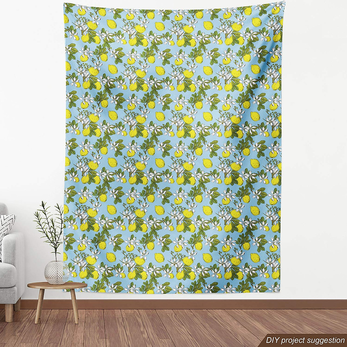 Ambesonne Botanical Fabric by The Yard, Fresh Lemon Patterns with Blossoms and Branches Botanical Spring Art, Decorative Fabric for Upholstery and Home Accents, 2 Yards, Yellow Blue