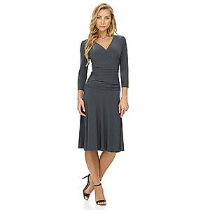Rekucci Women's Slimming 3/4 Sleeve Fit-and-Flare Crossover Tummy Control Dress (4, Charcoal)