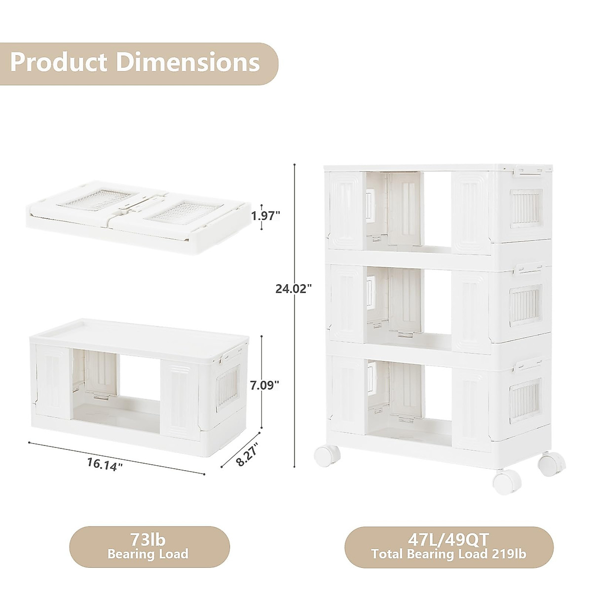 Bagnizer 3 Tiers Narrow Plastic Storage Bins with Lids and Wheels, No Door 49QT Stackable Collapsible Storage Organizers Box Containers for Bedroom, Dorm Room, Off White, 16 x 8 x 24”