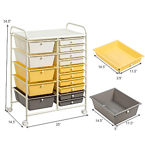 MEDIMALL 15 Drawers Rolling Storage Cart, Multipurpose Craft Storage Cart with Wheels, Mobile Tools Scrapbook Paper Organizer Cart for School Home Office Use (Yellow)
