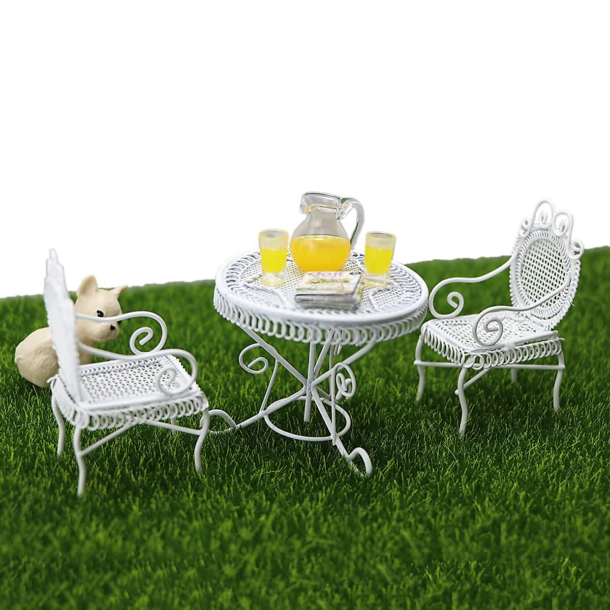 Dollhouse Miniature Bistro Table & Chairs Set Accessories Metal 1:12 Scale Miniatures White Coffee/Tea Furniture Fairy Garden Cute Rustic Elegant Decorations Ornaments (A)