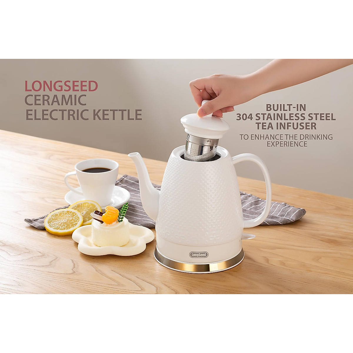LONGSEED Ceramic Electric Kettle with Fine Mesh Infuser, 1.2L/1000W Boil Water Quickly and Easily with Boil-Dry Protection Auto Shut Off, Detachable Swivel Base, Glazed Relief Carving